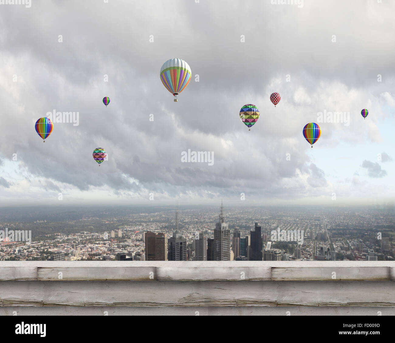 Conceptual image with colorful balloons flying high in sky Stock Photo ...