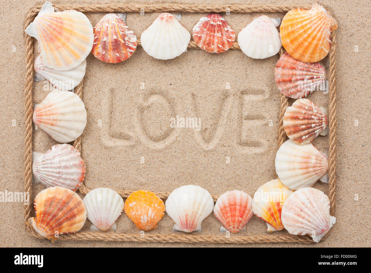 Beautiful frame of rope and seashells on the sand with text love, as ...