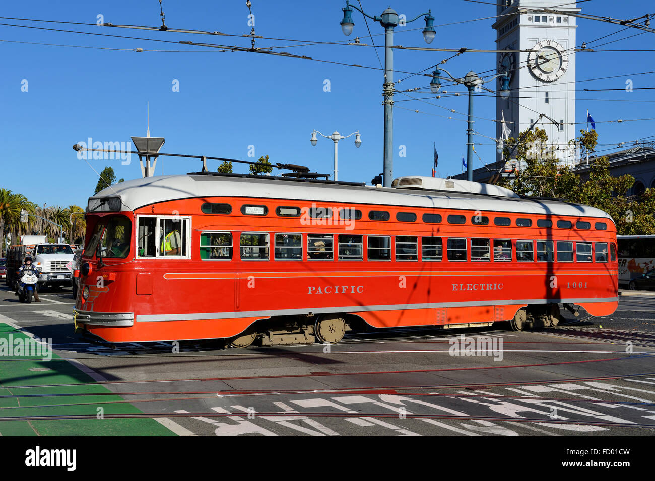 Streetcar in front of Clock Tower of the Ferry Building, San Francisco ...