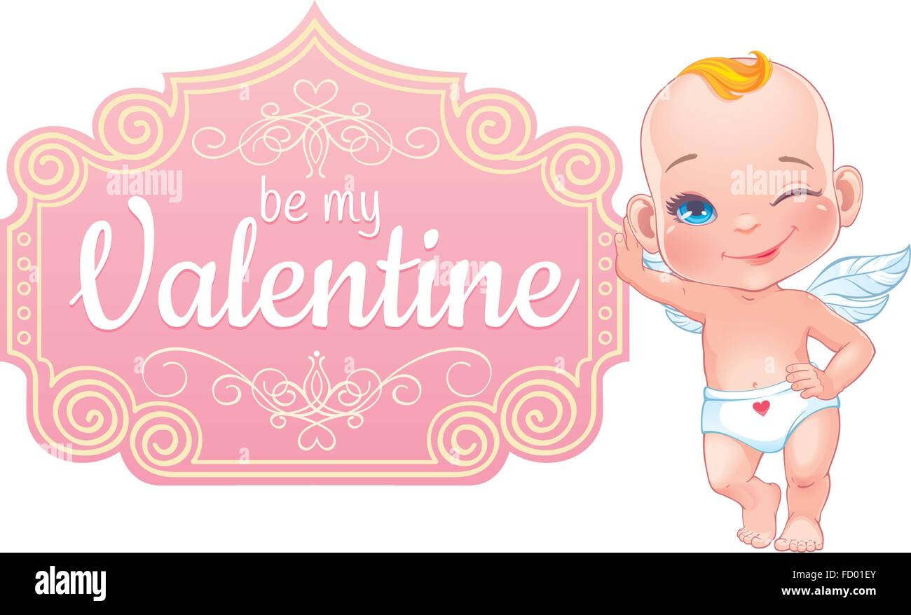 Vector illustration. Valentine's day card with little baby Cupid ...