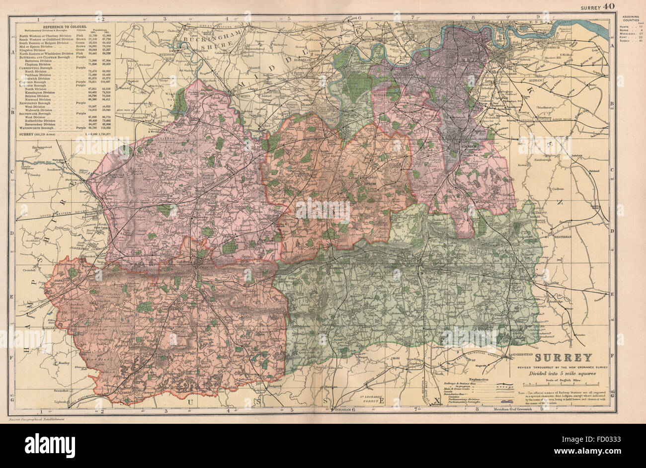 SURREY: Showing Parliamentary divisions, boroughs & parks. BACON, 1896 ...