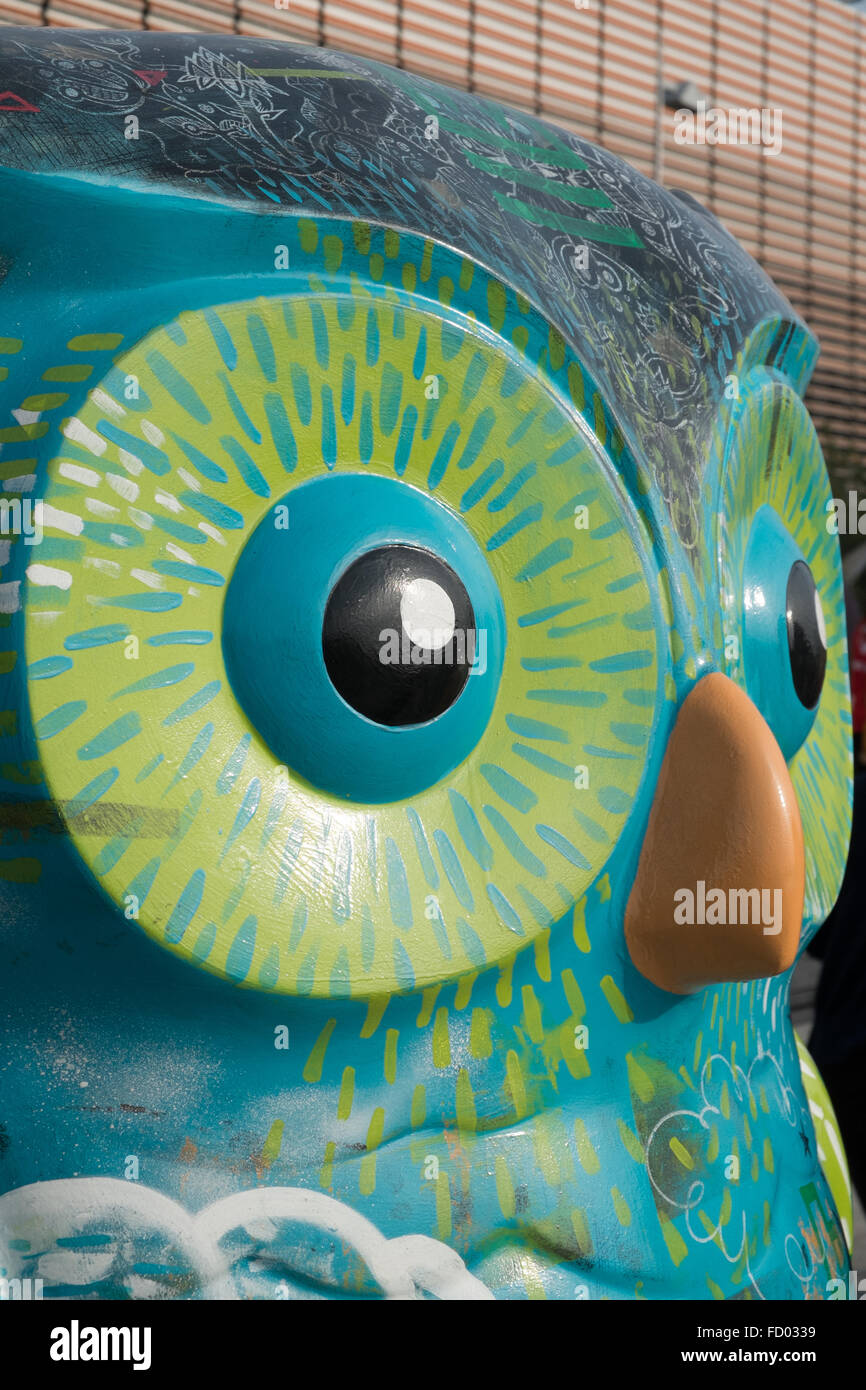 Detail of a gold and blue painted owl part of the Big Hoot Birmingham ...