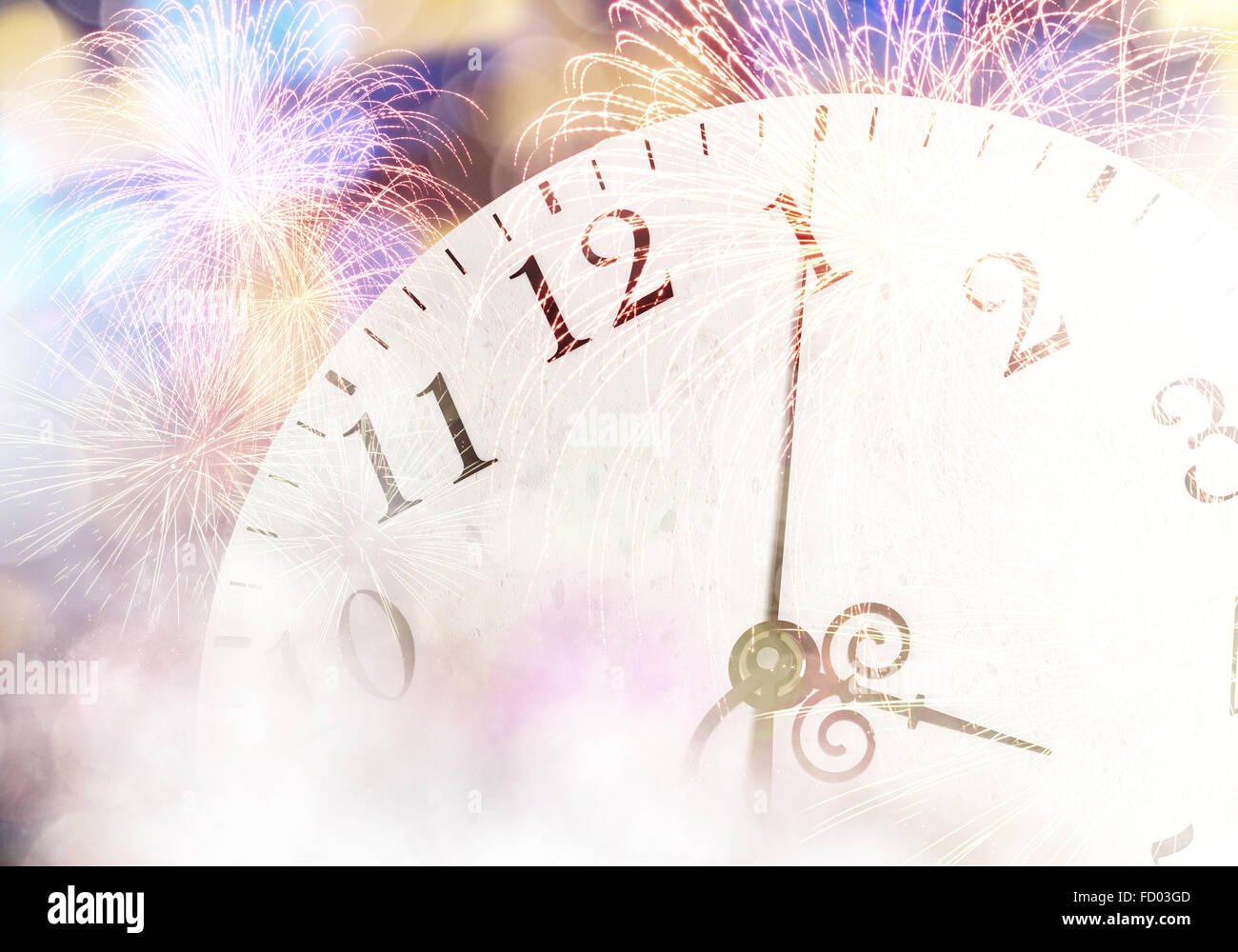 Conceptual image of clock with bokeh lights and firework Stock Photo ...