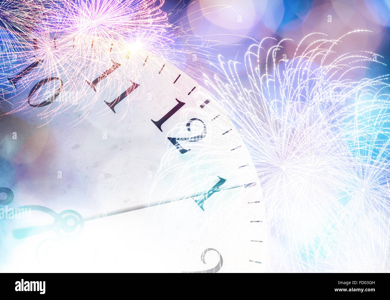 Conceptual image of clock with bokeh lights and firework Stock Photo ...