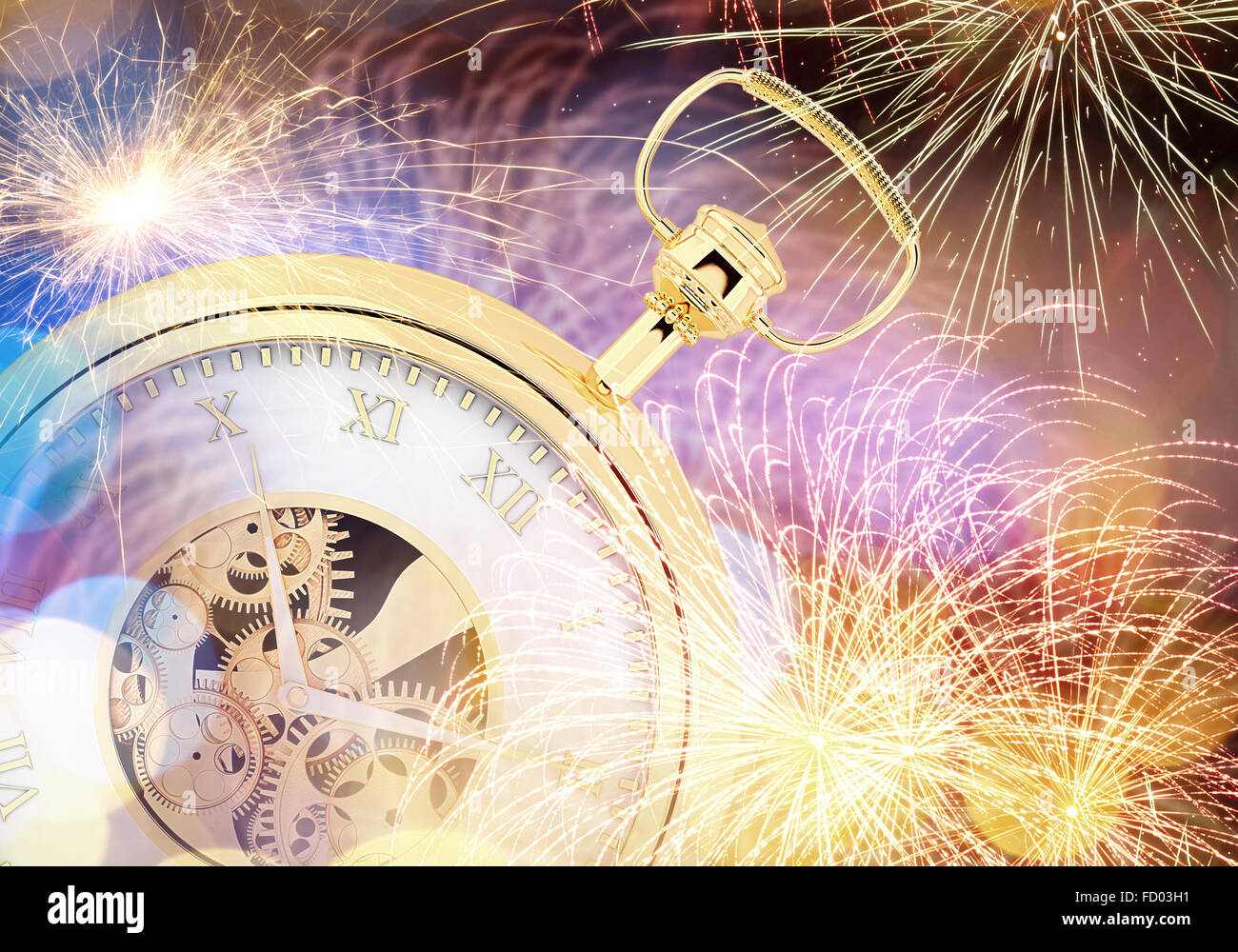 Conceptual image of clock with bokeh lights and firework Stock Photo ...