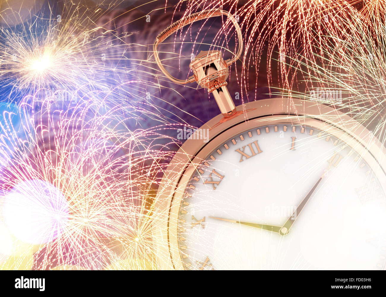 Conceptual image of clock with bokeh lights and firework Stock Photo ...
