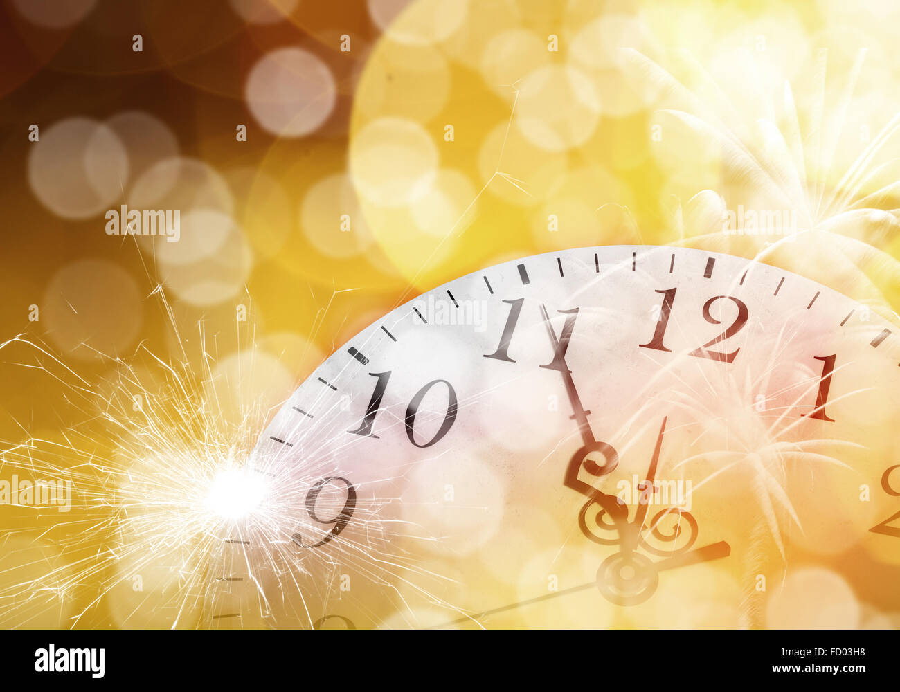 Conceptual image of clock with bokeh lights and firework Stock Photo ...