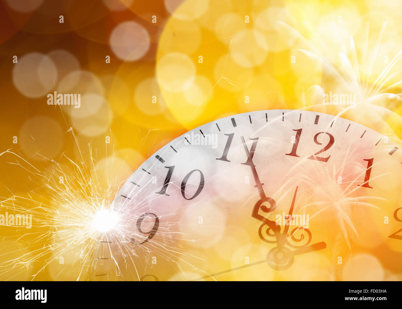 Conceptual image of clock with bokeh lights and firework Stock Photo ...