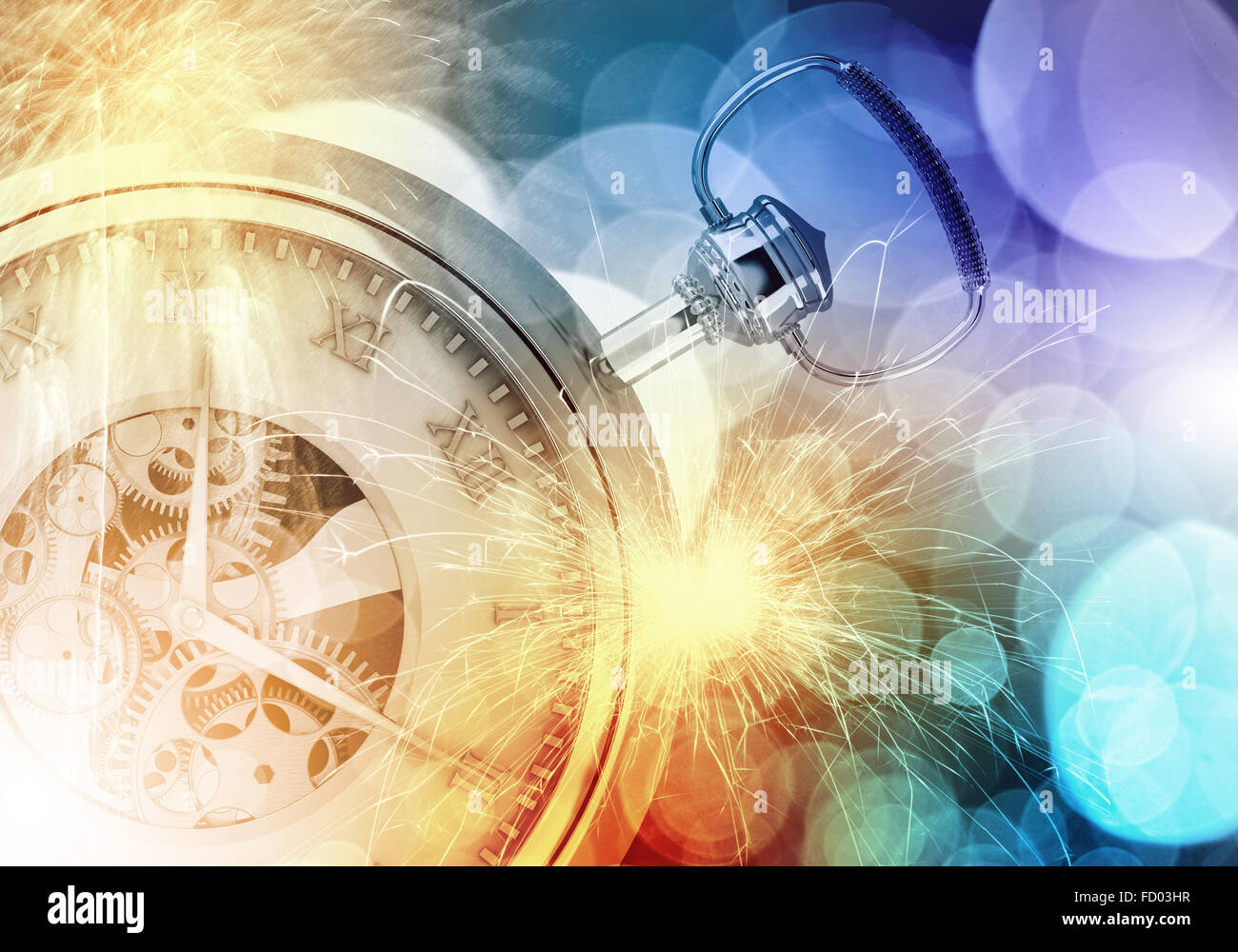 Conceptual image of clock with bokeh lights and firework Stock Photo ...