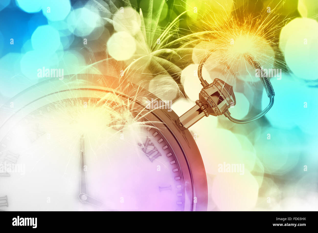 Conceptual image of clock with bokeh lights and firework Stock Photo ...