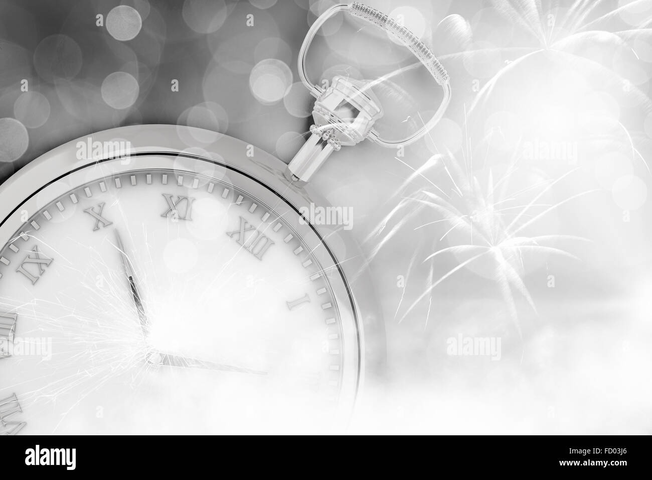 Conceptual image of clock with bokeh lights and firework Stock Photo ...