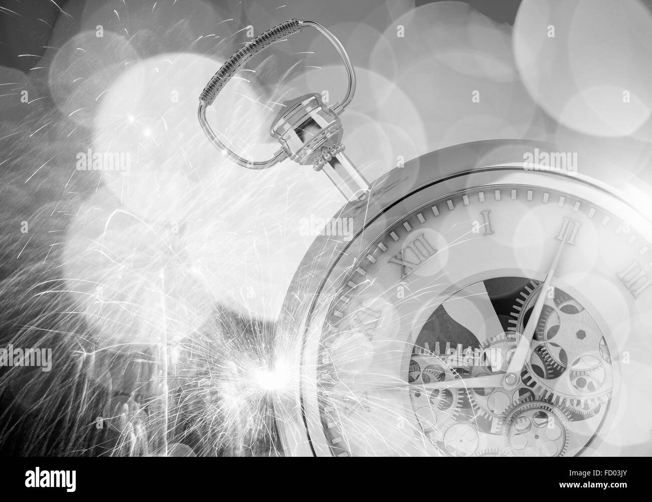 Conceptual image of clock with bokeh lights and firework Stock Photo ...