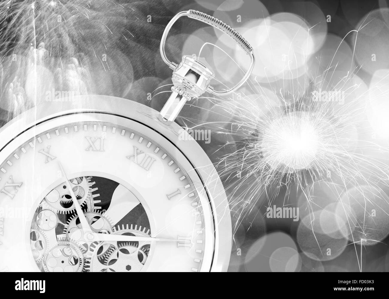 Conceptual image of clock with bokeh lights and firework Stock Photo ...