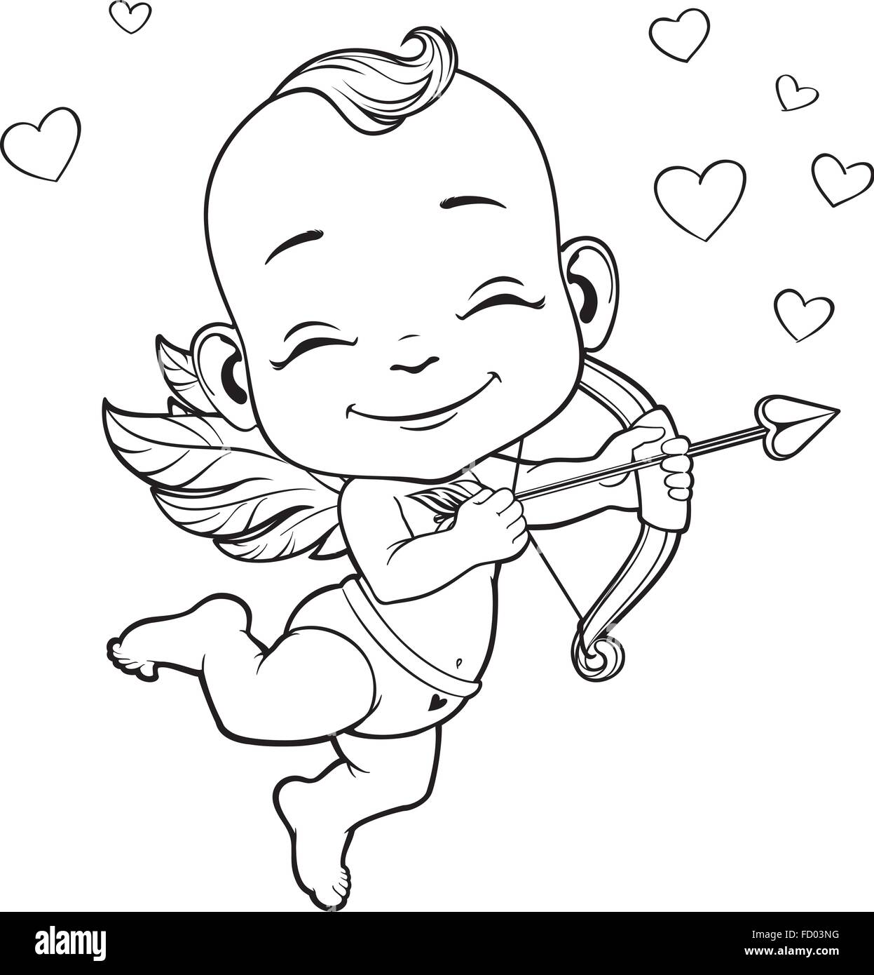 Black and white vector illustration with Baby Cupid shooting a bow Stock Vector Image & Art - Alamy