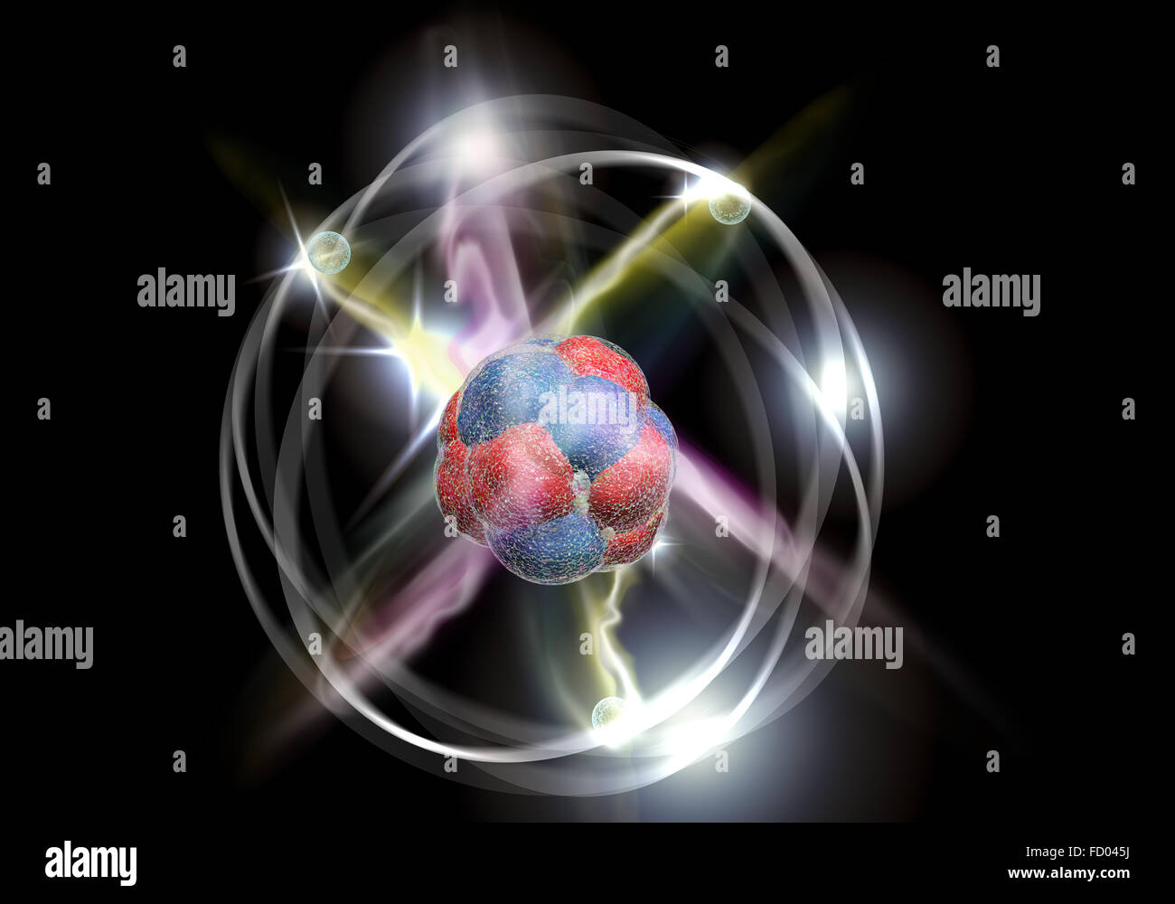 Close up illustration of atomic particle for nuclear energy imagery ...