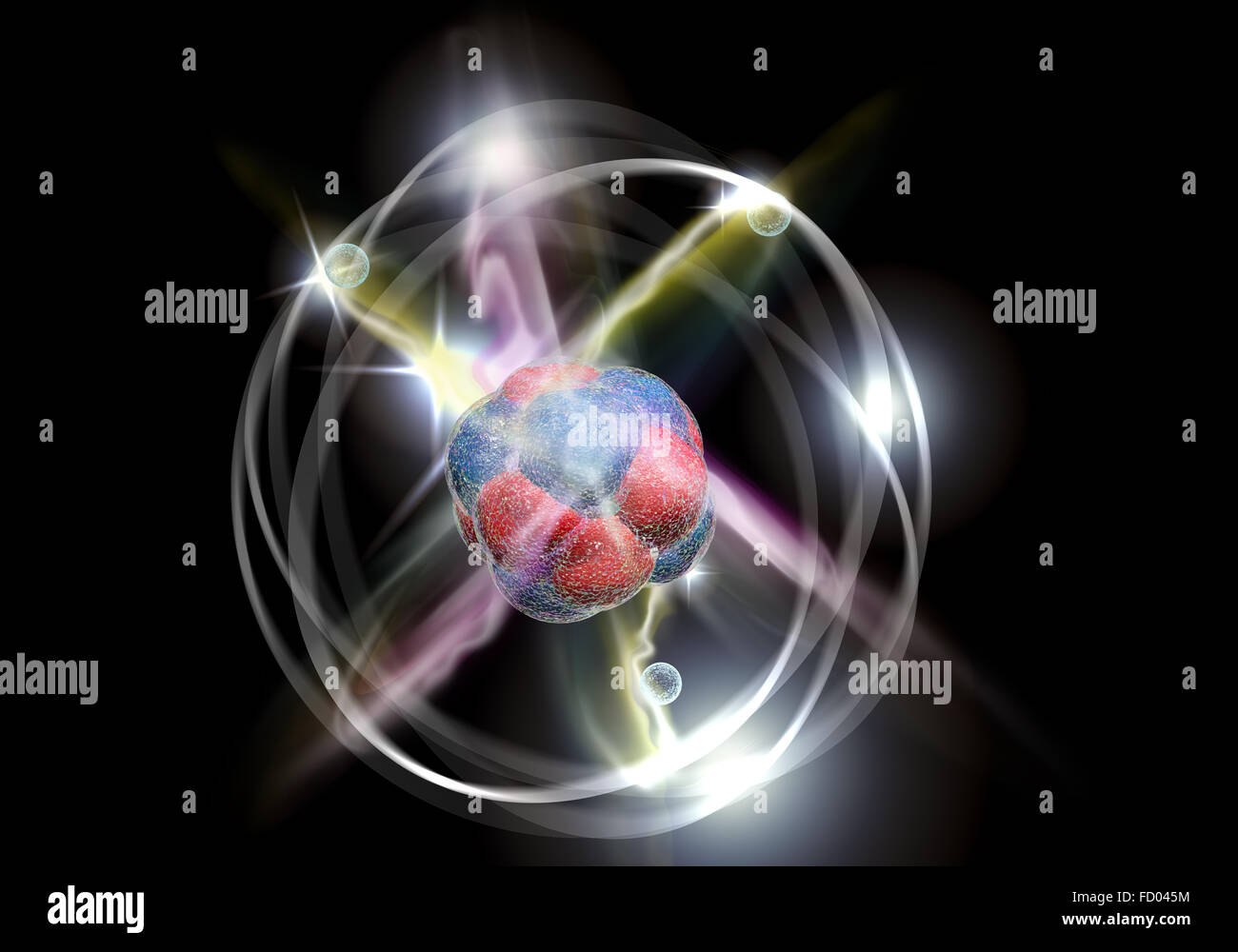 Close up illustration of atomic particle for nuclear energy imagery ...