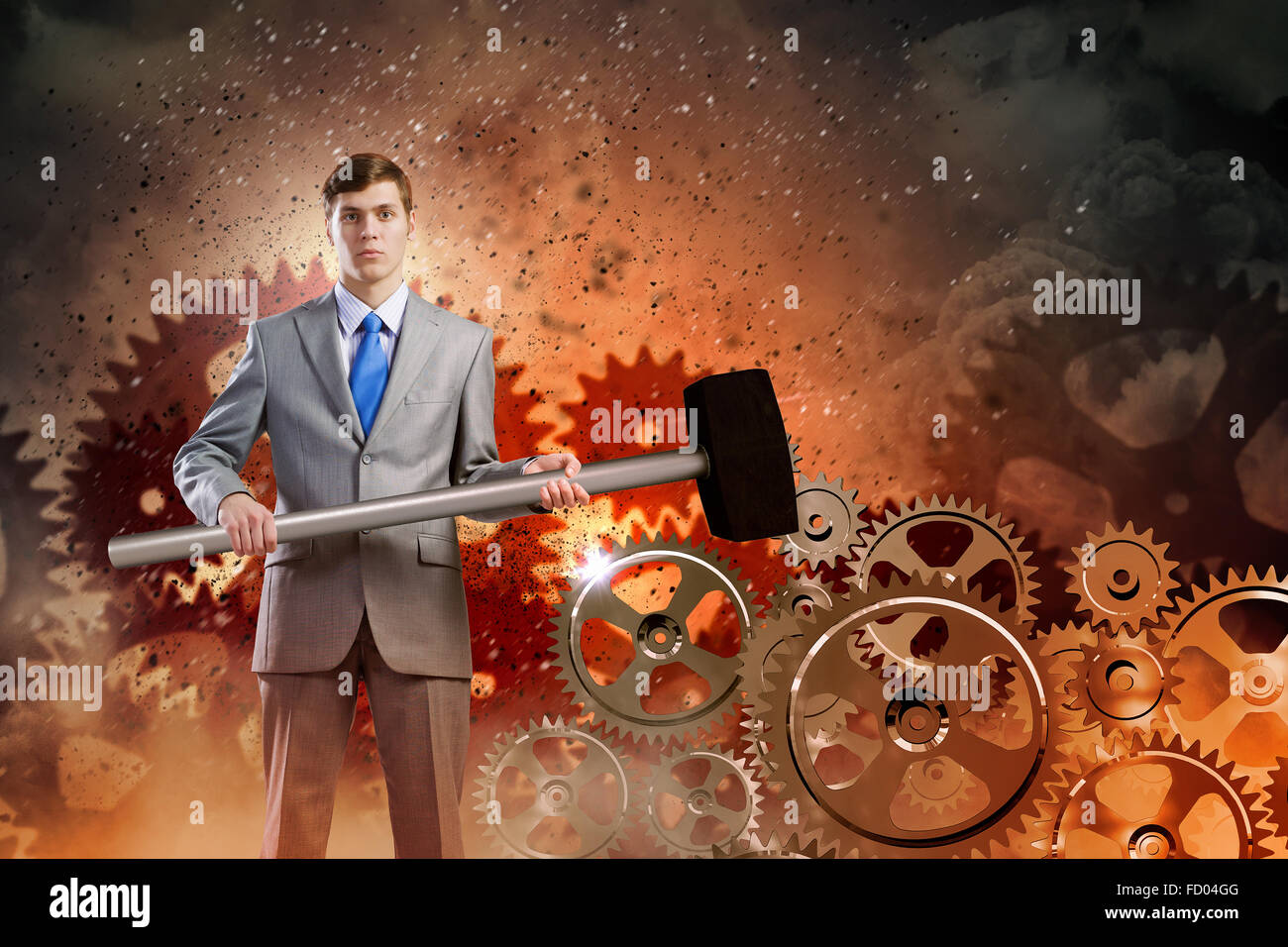 Young businessman with hammer against gears background Stock Photo - Alamy