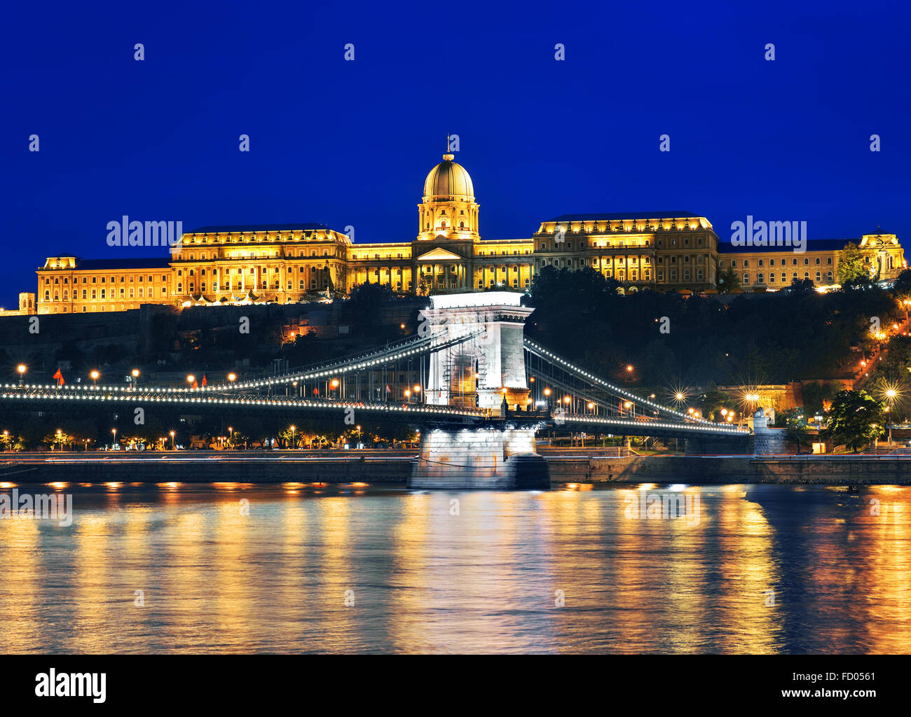 Chain Bridge and Buda Castle (Royal Palace) at night. Budapest, Hungary ...