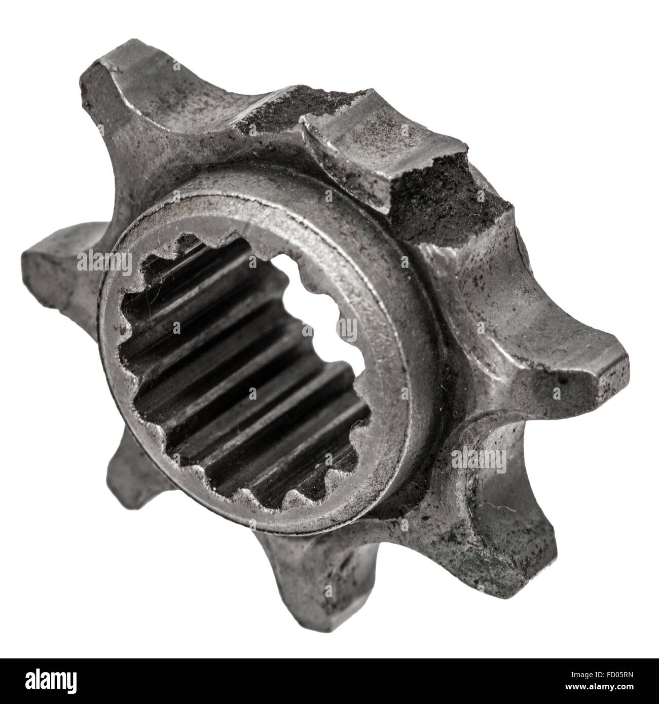 Damaged cogwheel close-up, ruined gear, isolated on white background ...
