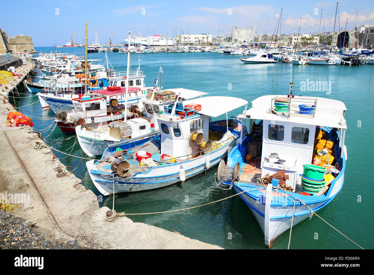 Fishing boats in port in Heraklion, Crete Island, Greece Stock Photo ...