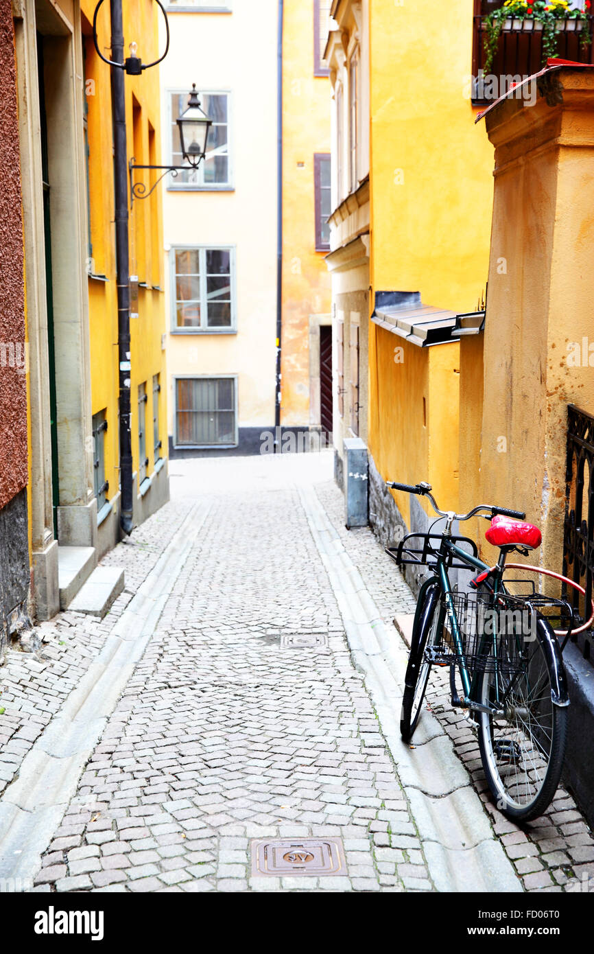 Old side street in Stockholm, Sweden. Focus on the bike Stock Photo - Alamy