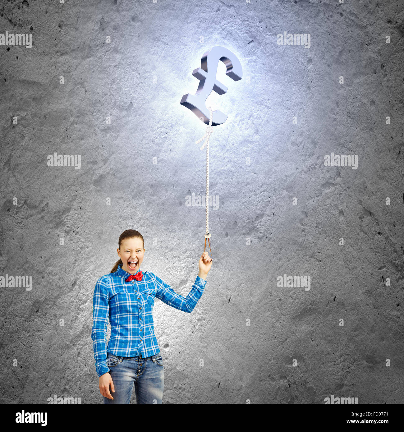 Young woman holding balloon shaped like pound sign Stock Photo - Alamy