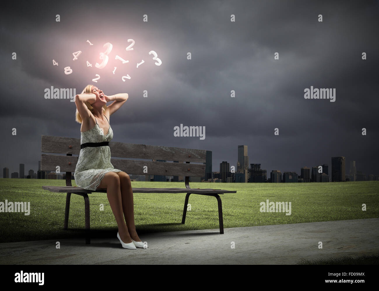 Young woman sitting on bench closing ears with palms and screaming ...
