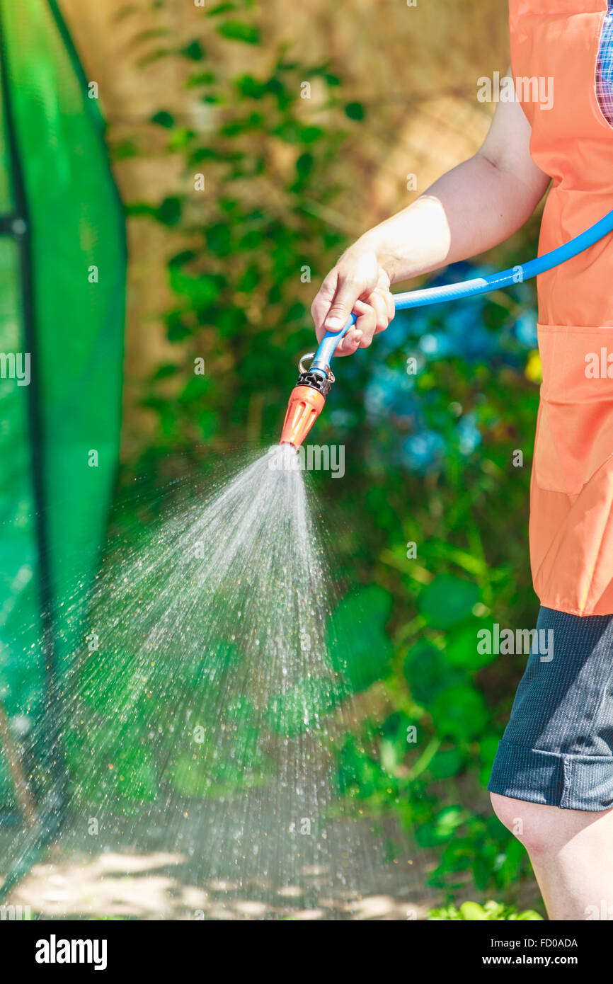 Watering garden equipment - hand holds the sprinkler hose for ...