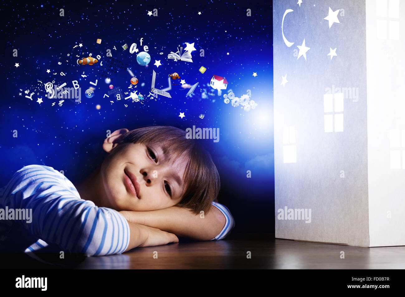Cute little boy sleeping and dreaming about home Stock Photo - Alamy
