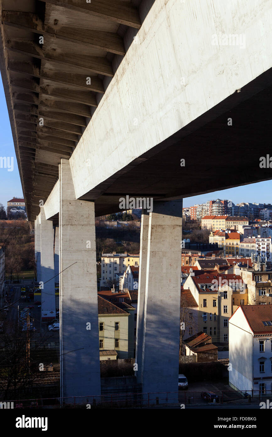 Nusle Bridge passing over the district of Nusle, Prague, Czech Republic ...