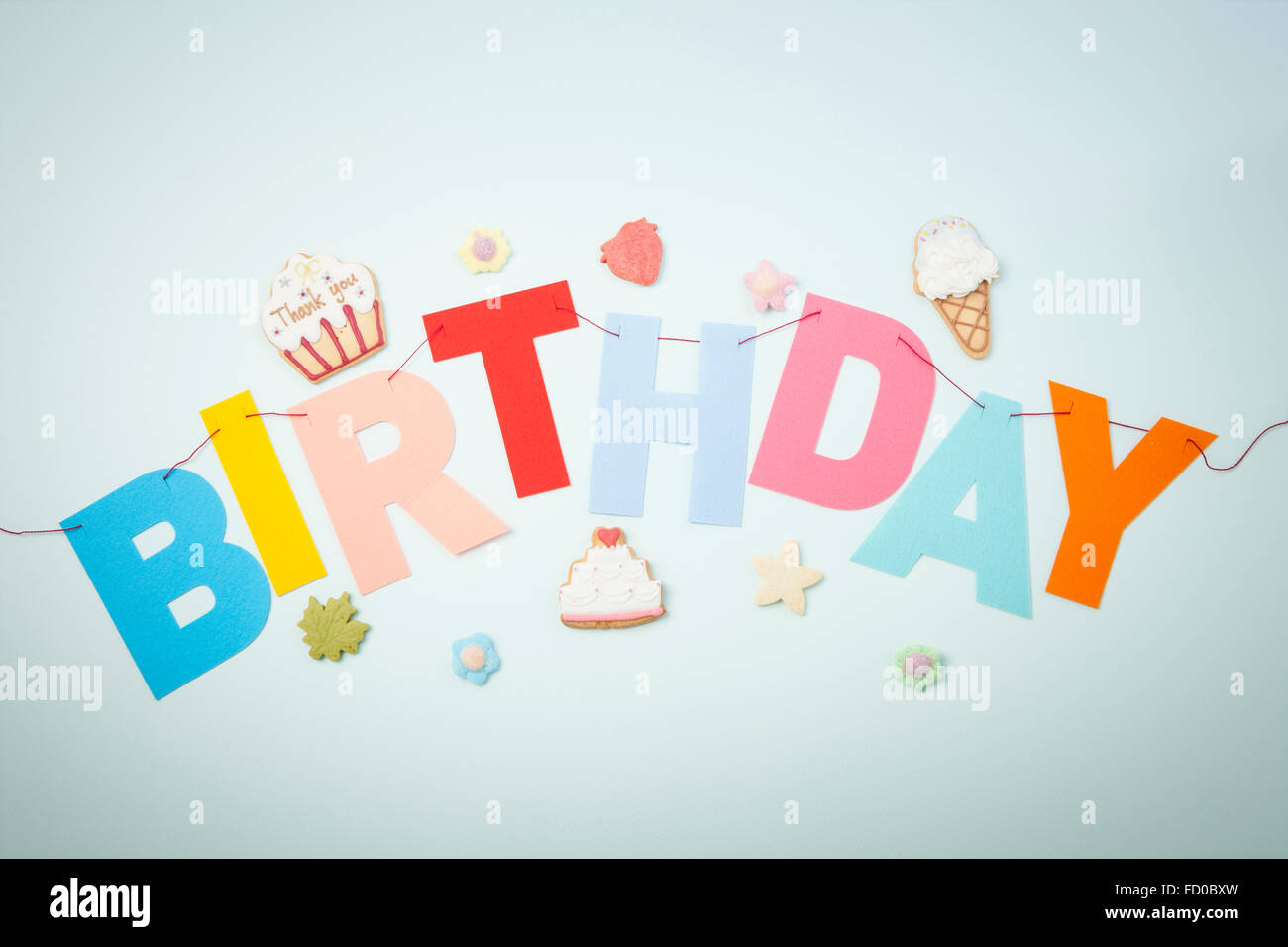 Colorful letters representing BIRTHDAY with decoration Stock Photo - Alamy