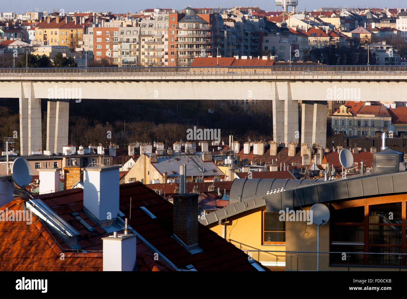 Nusle Bridge passing over the district of Nusle, Prague, Czech Republic ...