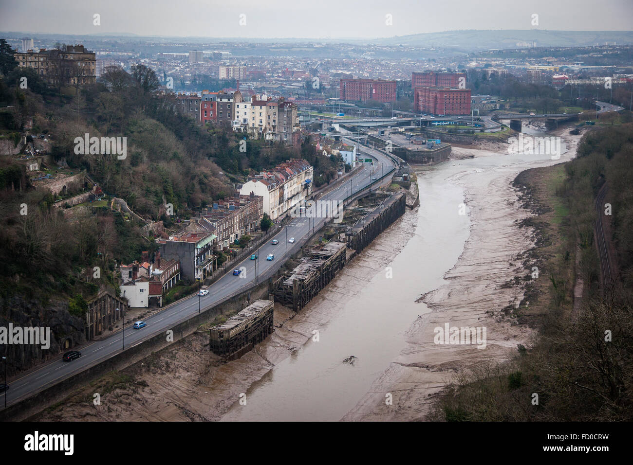 View of the muddy River Avon from Clifton Suspension Bridge in Bristol ...