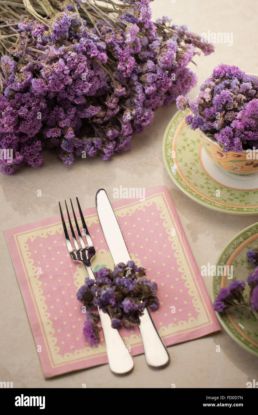 High angle of table with dried flowers Stock Photo - Alamy