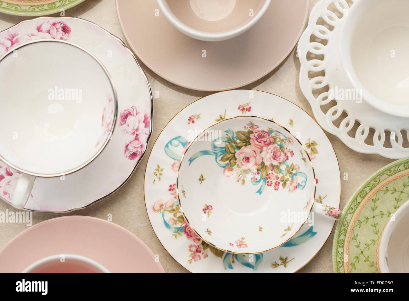 High angle of various tea cup set Stock Photo - Alamy