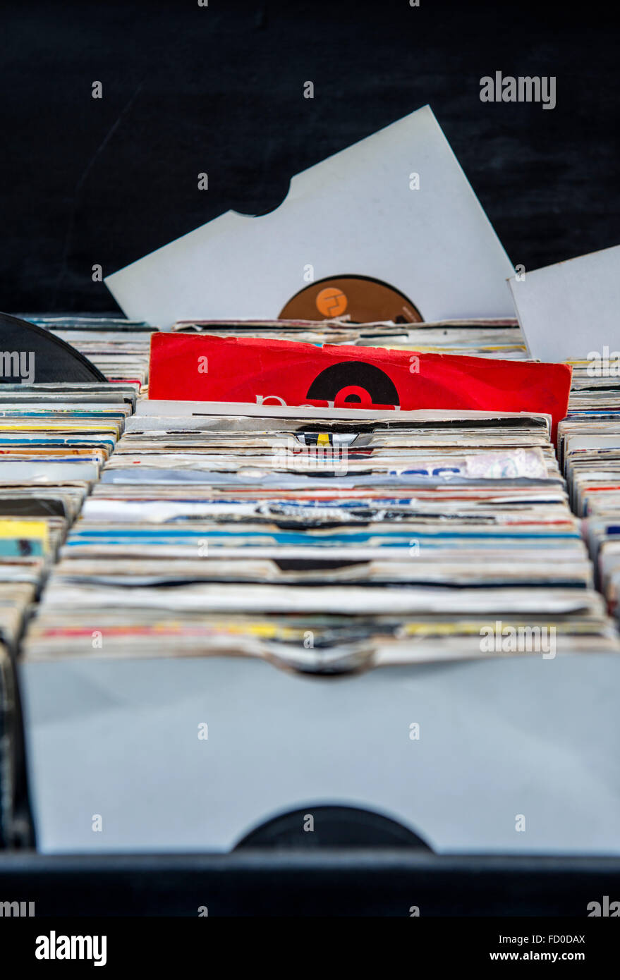 Collection of seven inch records, or singles, on vinyl stored in a DJ ...