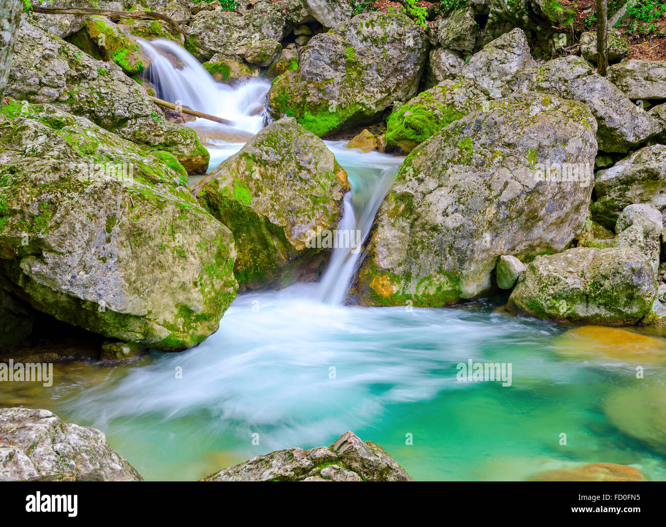 Waterfall in mountain rainforest with turquoise lagoon Stock Photo - Alamy
