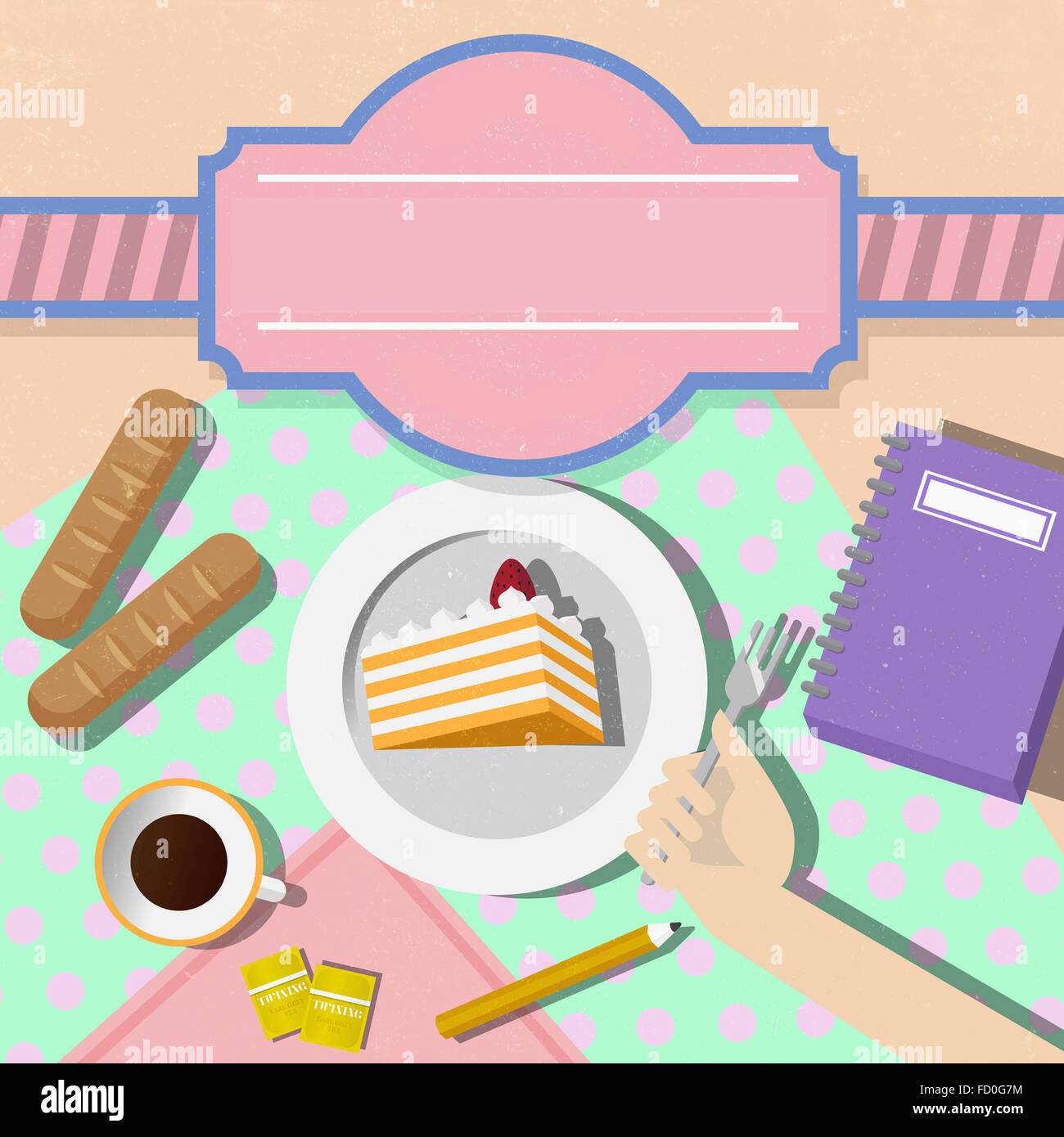 Background of menu, piece of cake and tea Stock Photo - Alamy