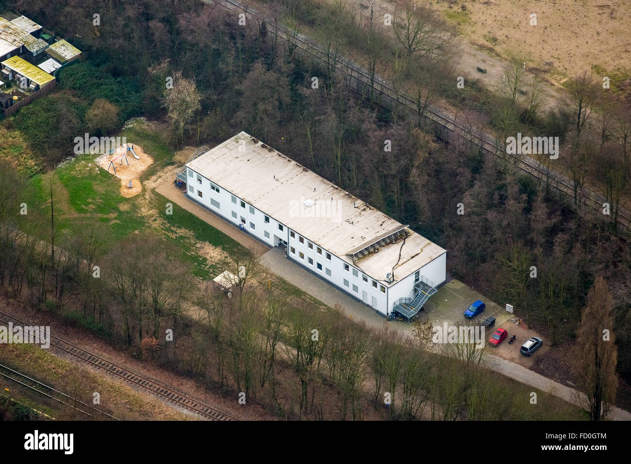 Aerial view, new asylum home Walsum, refugee camp, refugees dorm ...