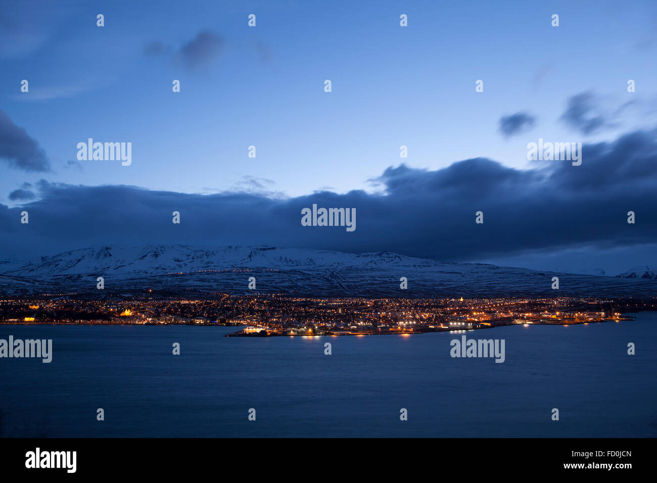 Icelandic city Akureyri at night, wintertime Stock Photo - Alamy