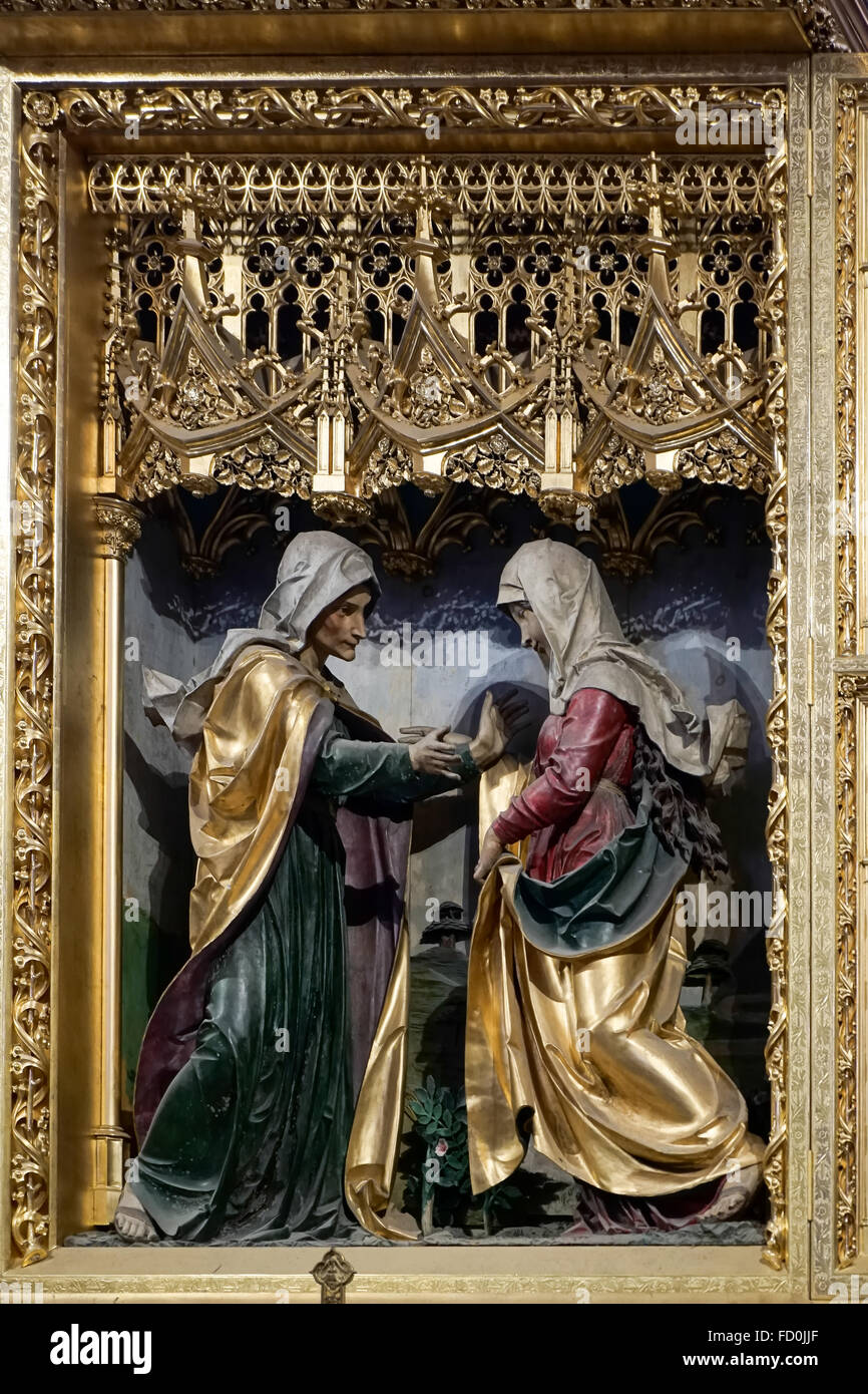Carving of two women set in a gold frame in St Vitus Cathedral in ...