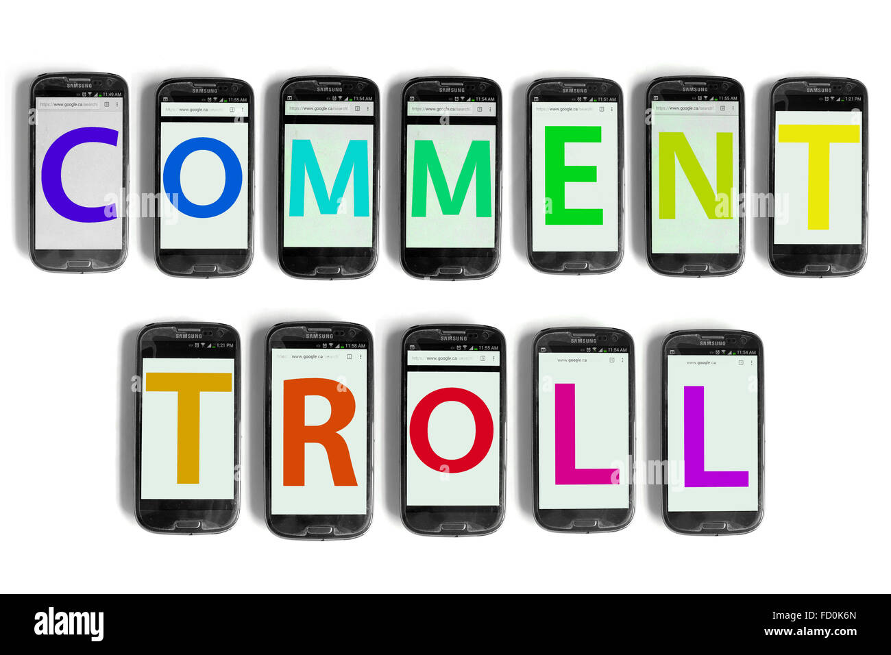 Comment Troll on the screens of smartphones photographed against a ...
