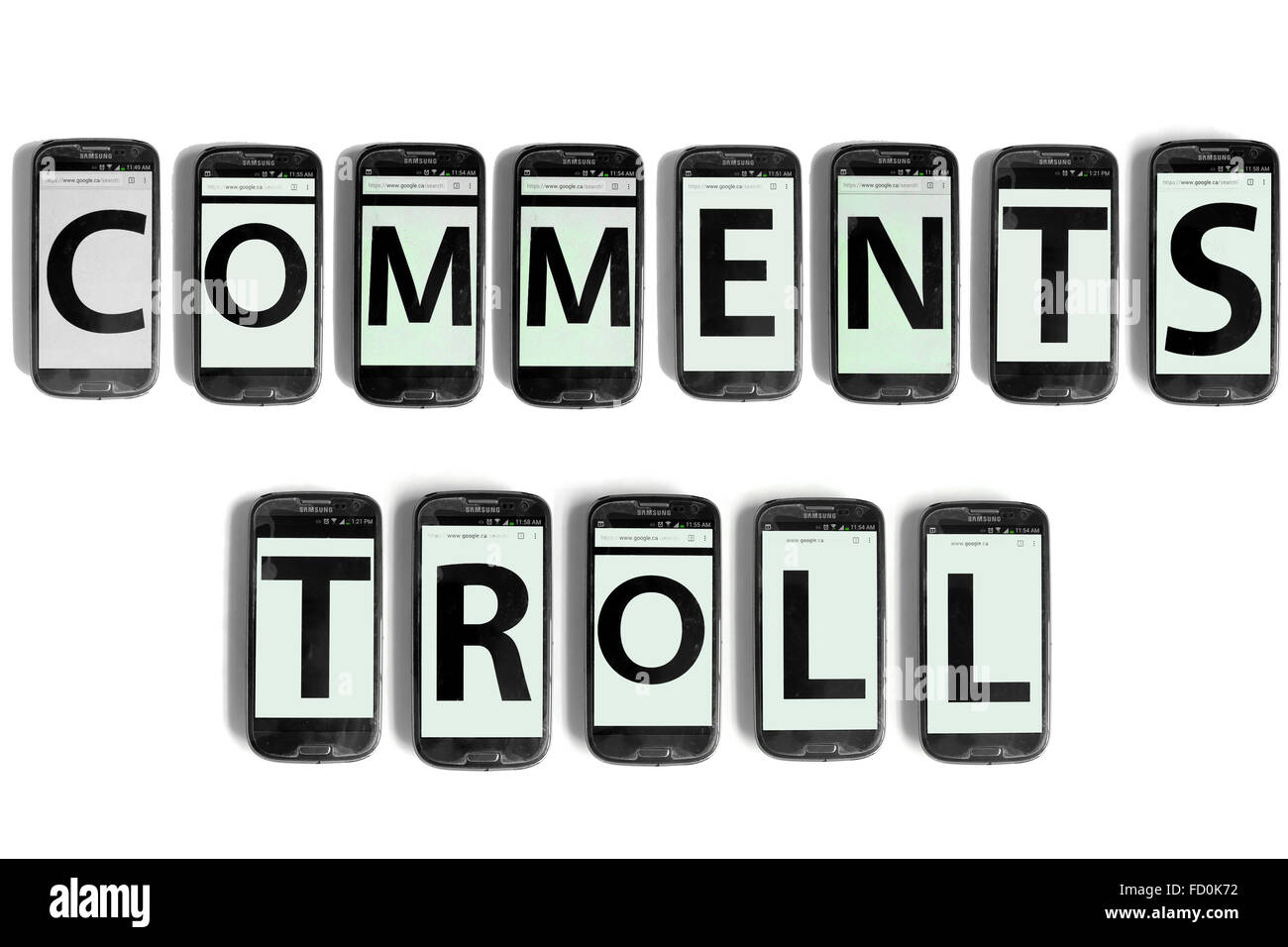 Comments Troll on the screens of smartphones photographed against a ...