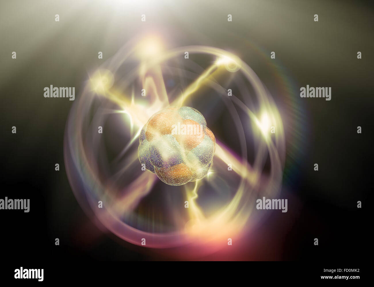Close up illustration of atomic particle for nuclear energy imagery ...