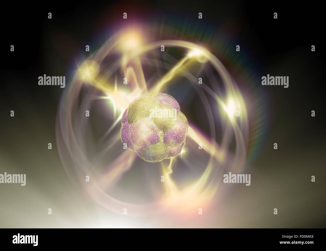 Close up illustration of atomic particle for nuclear energy imagery ...