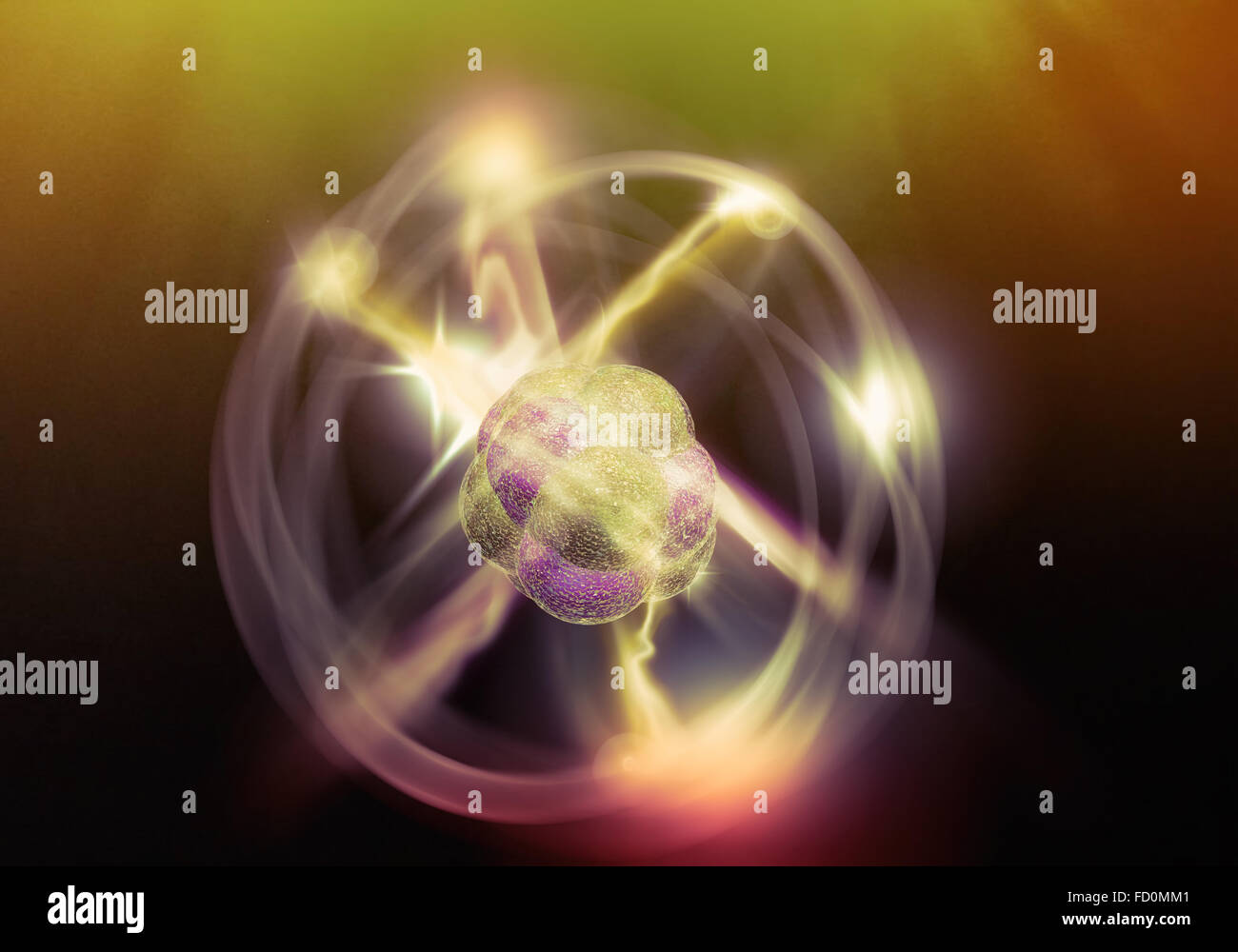 Close up illustration of atomic particle for nuclear energy imagery ...