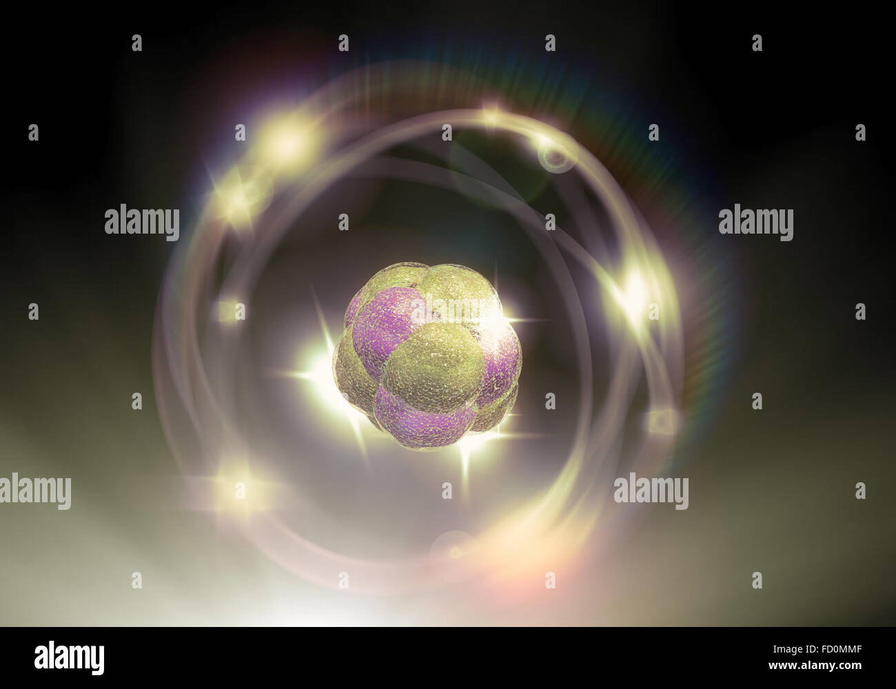 Close up illustration of atomic particle for nuclear energy imagery ...