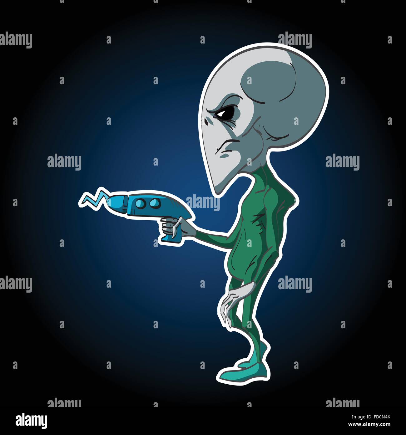 Colorful vector illustration of a cartoon Alien, holding a blaster ...