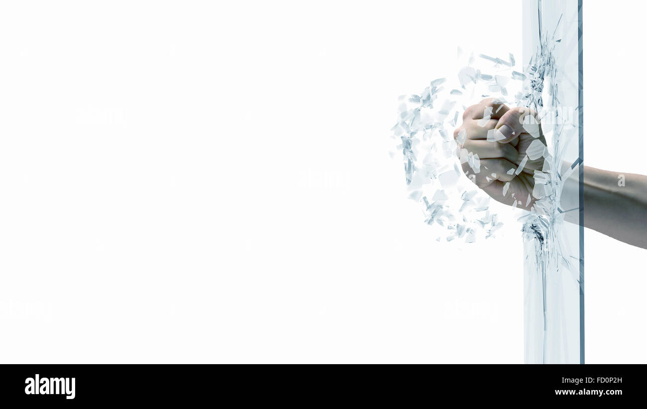 Close up of male fist breaking glass with punch Stock Photo - Alamy