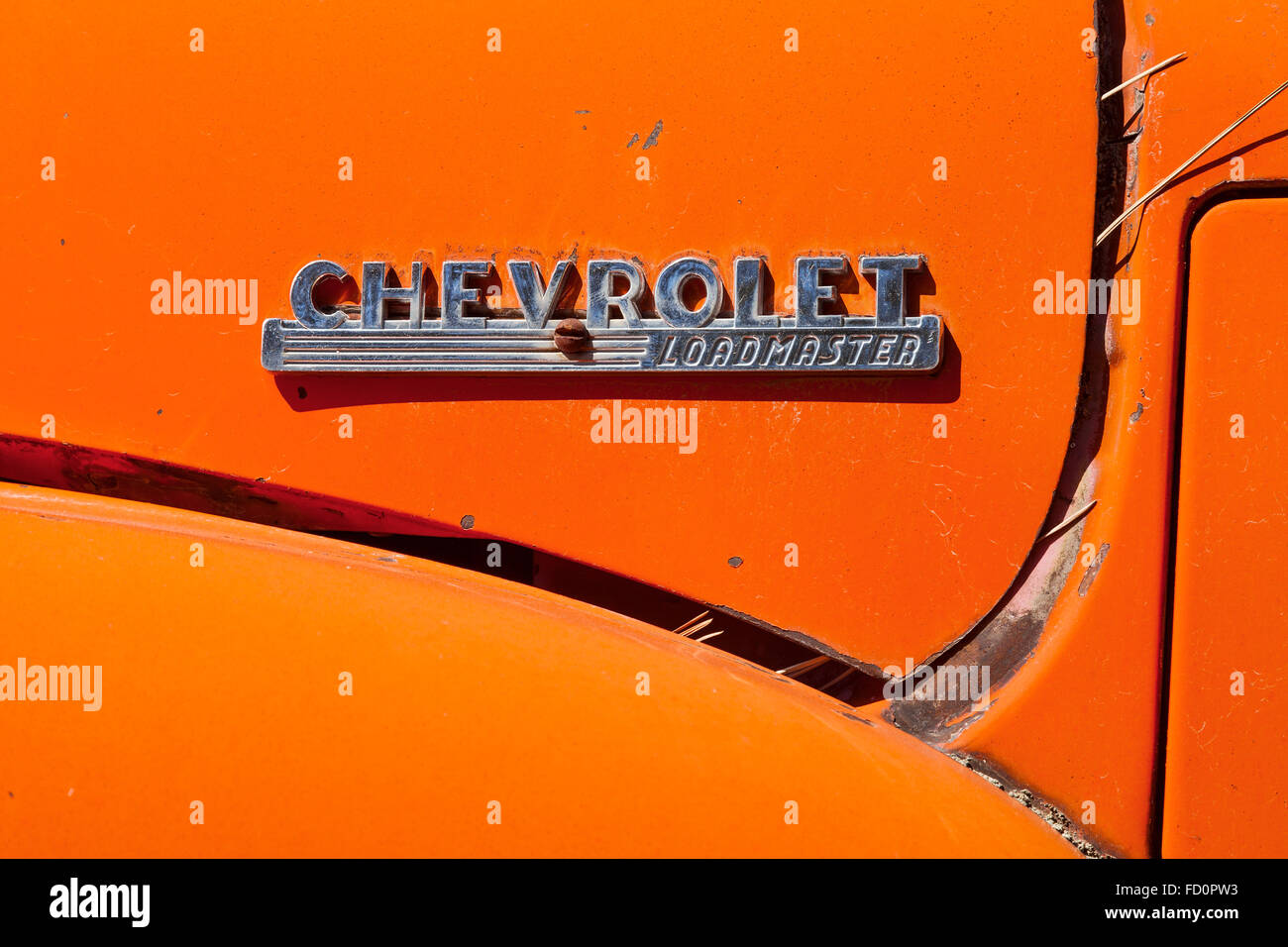 Close-up of Chevrolet Loadmaster badge on abandoned 1949 Chevrolet ...